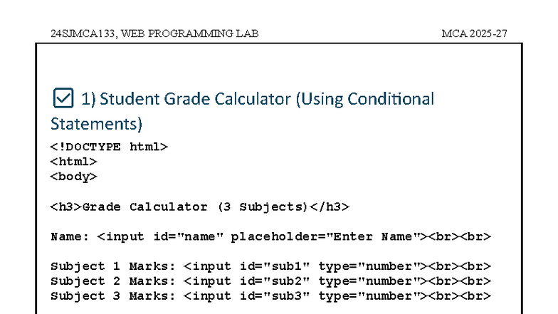 24SJMCA133, WEB PROGRAMMING LAB: HTML & JS Programming Tasks - Studocu