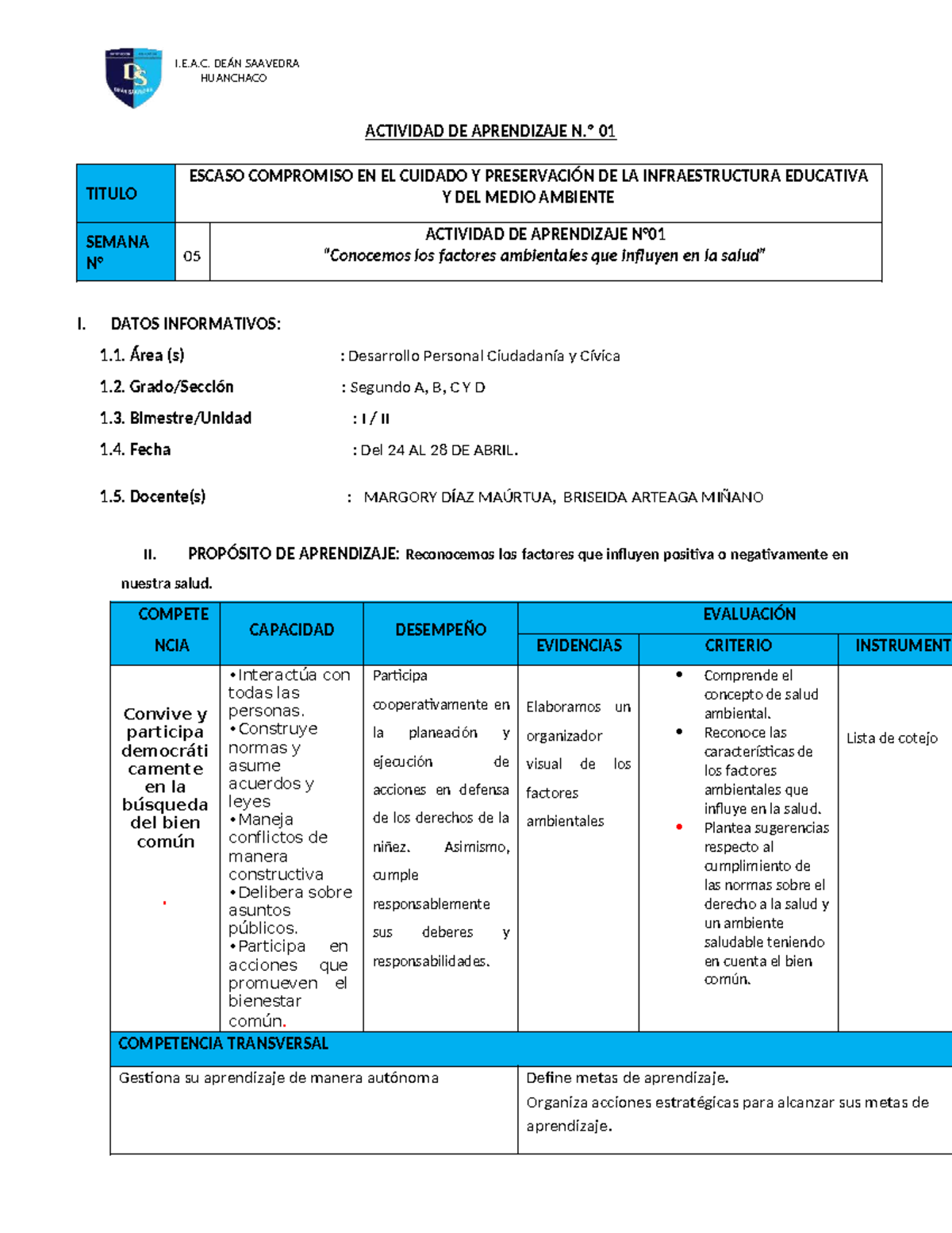I.E.A.C. DEÁN SAAVEDRA HUANCHACO: Actividad de Aprendizaje N.º 01 sobre ...