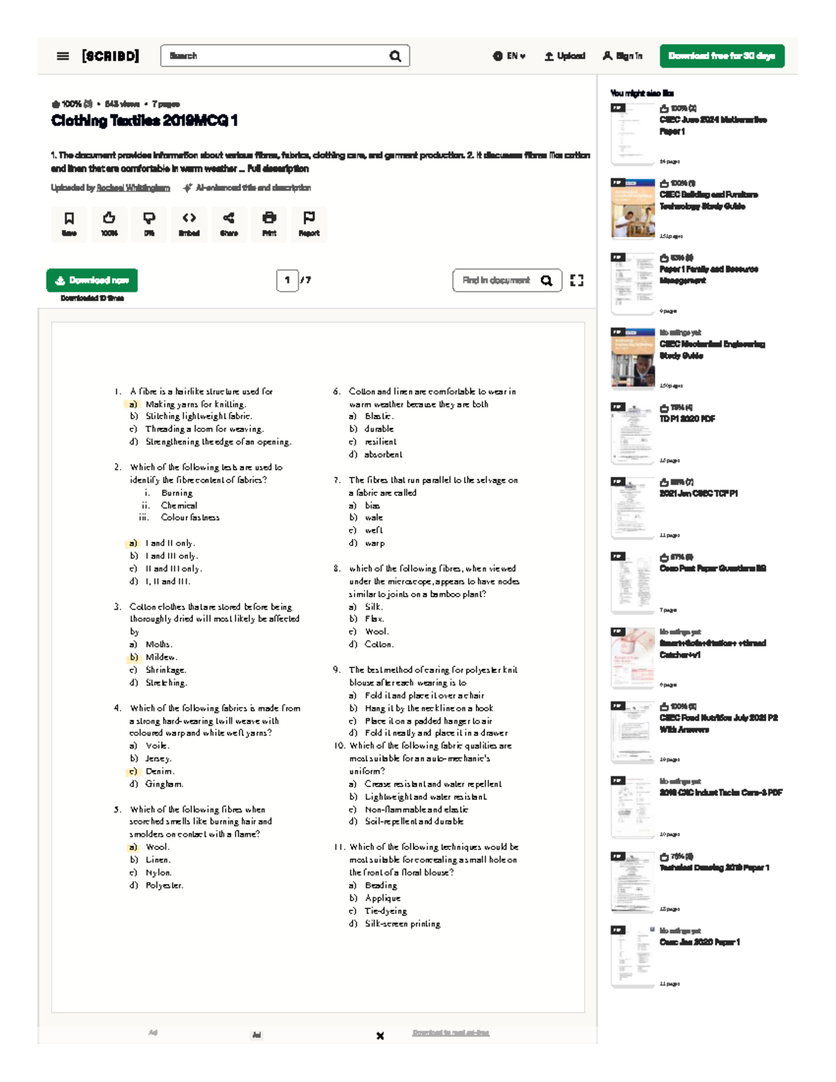 Clothing & Textiles 2019 MCQ Study Guide - Studocu