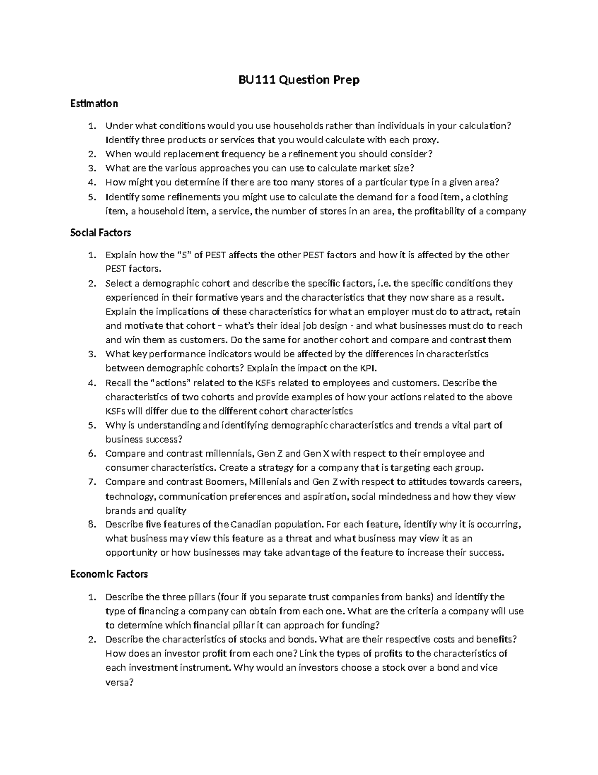BU111 Final Exam Question Preparation and Key Concepts Overview - Studocu