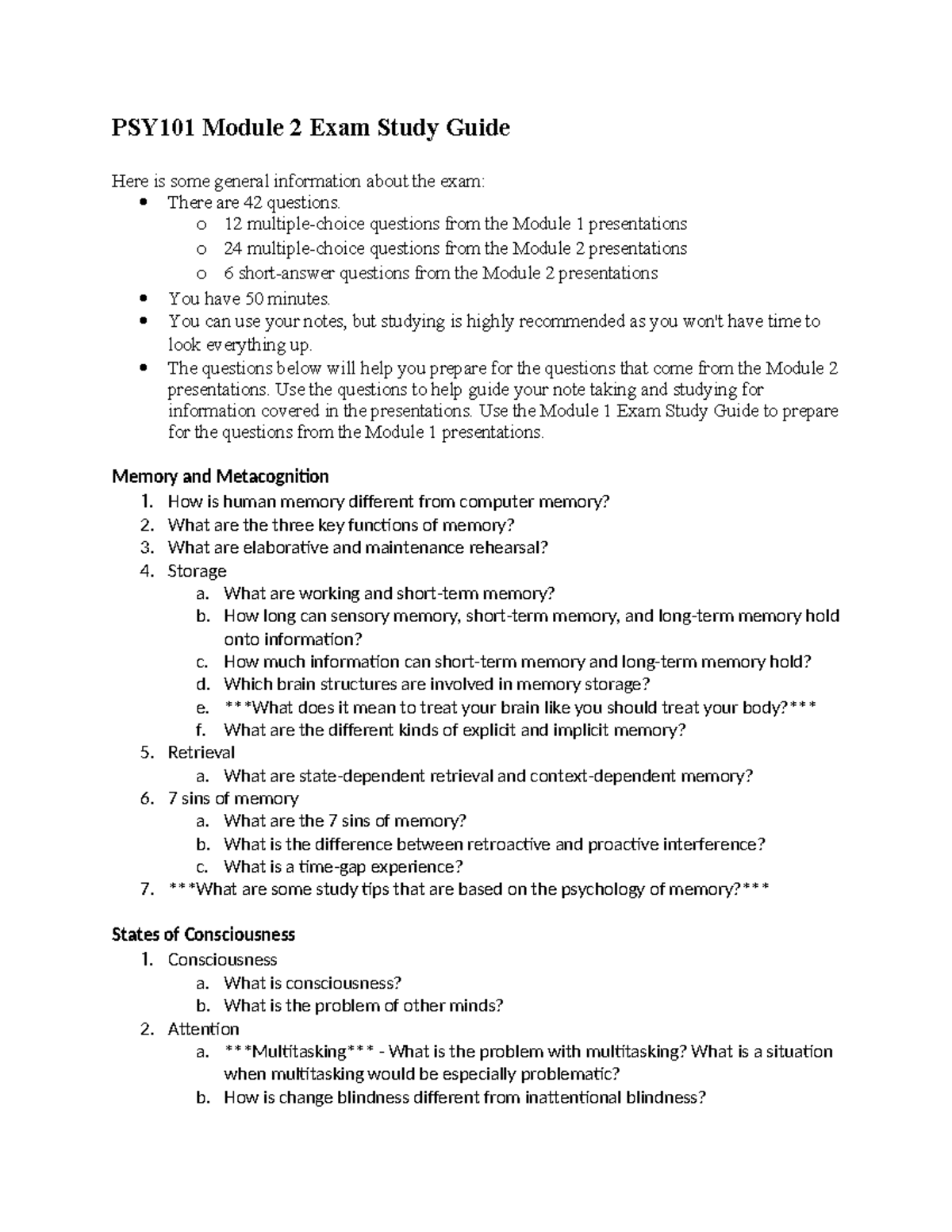 PSY101 Module 2 Exam Study Guide: Memory, Consciousness & Intelligence ...