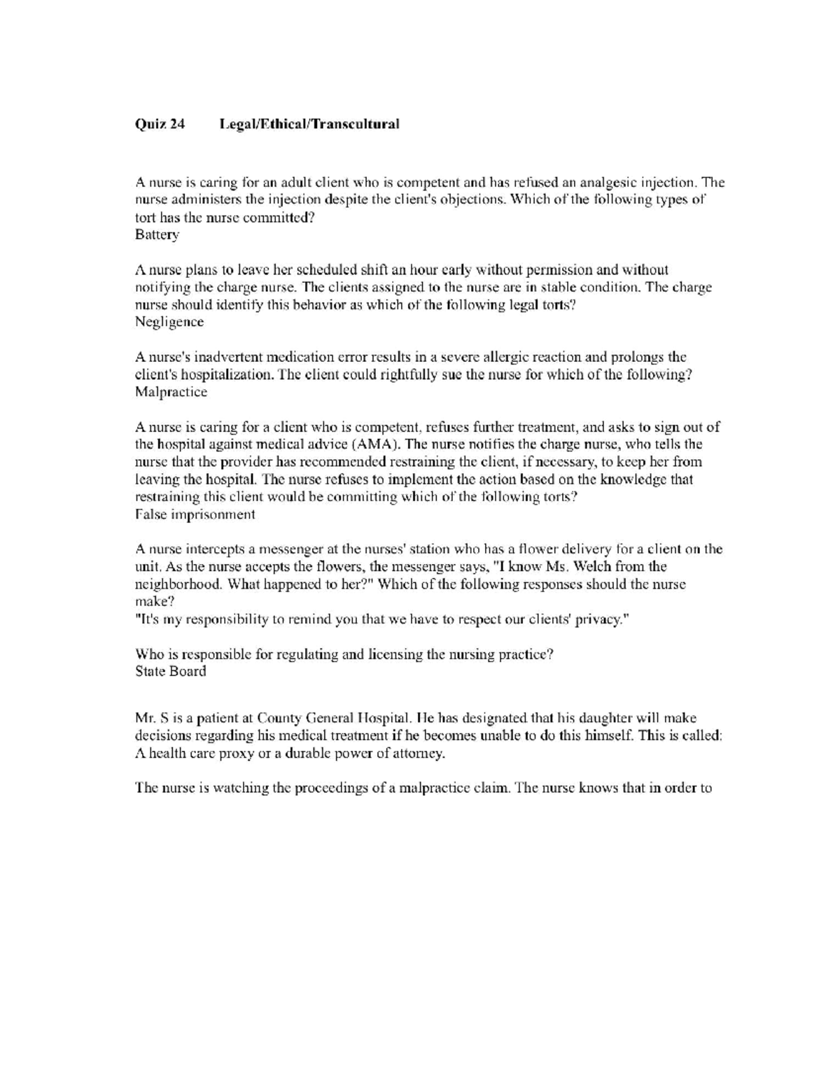 Quiz 24: Fundamentals LVN Study Notes - Unitek College - Studocu