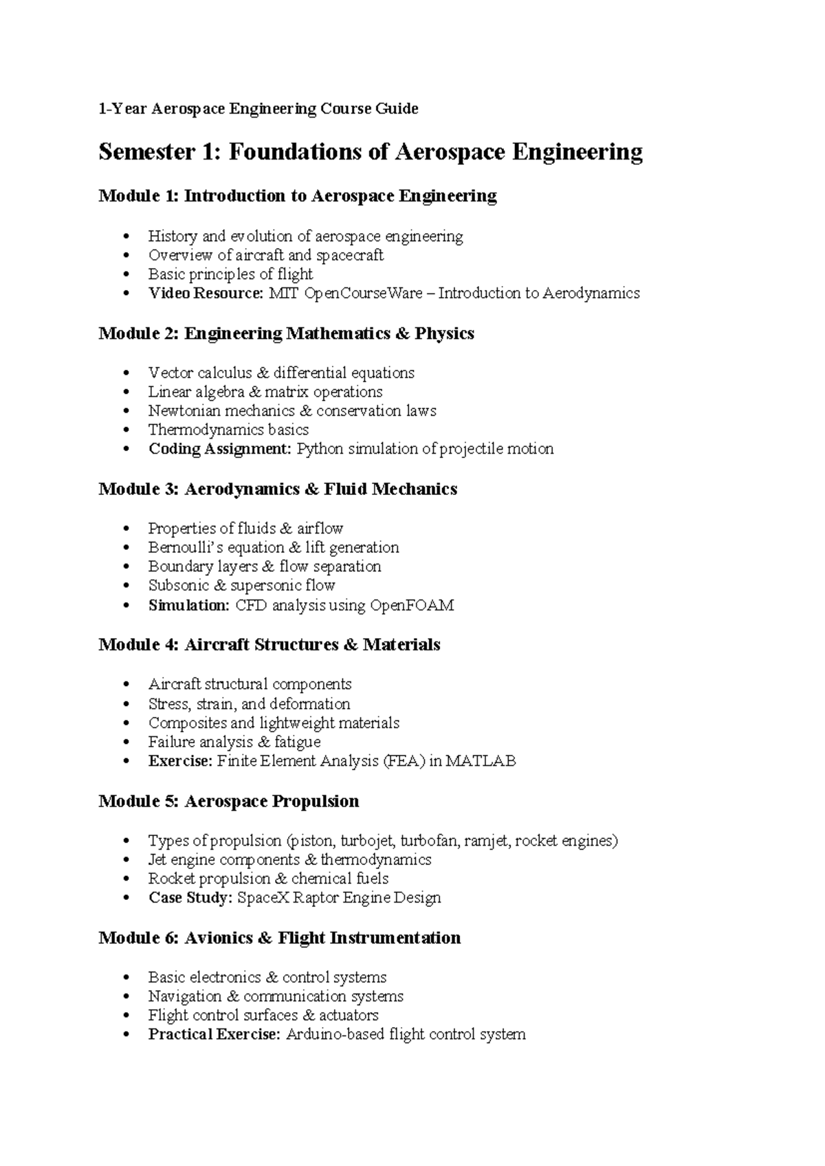 Aerospace Engineering Course Guide: Semester 1 & 2 Overview - Studocu