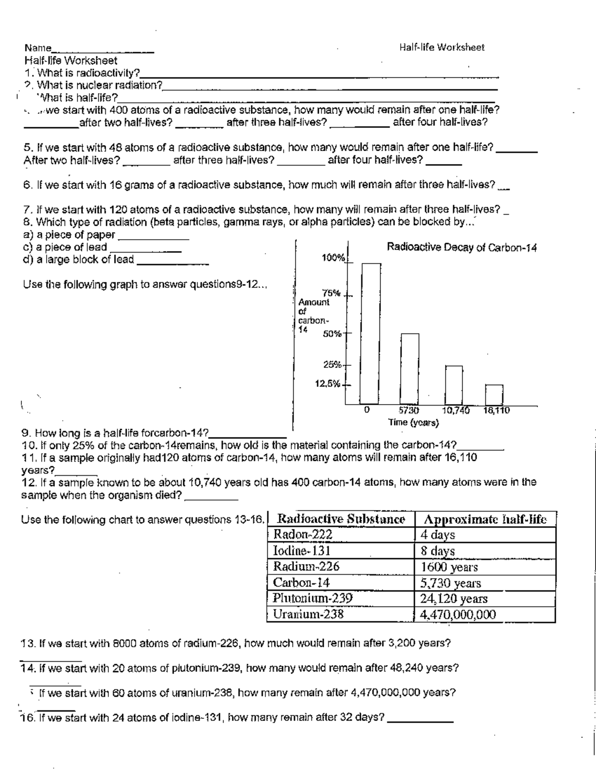 Half-Life Problems Worksheet for Understanding Radioactivity - Studocu