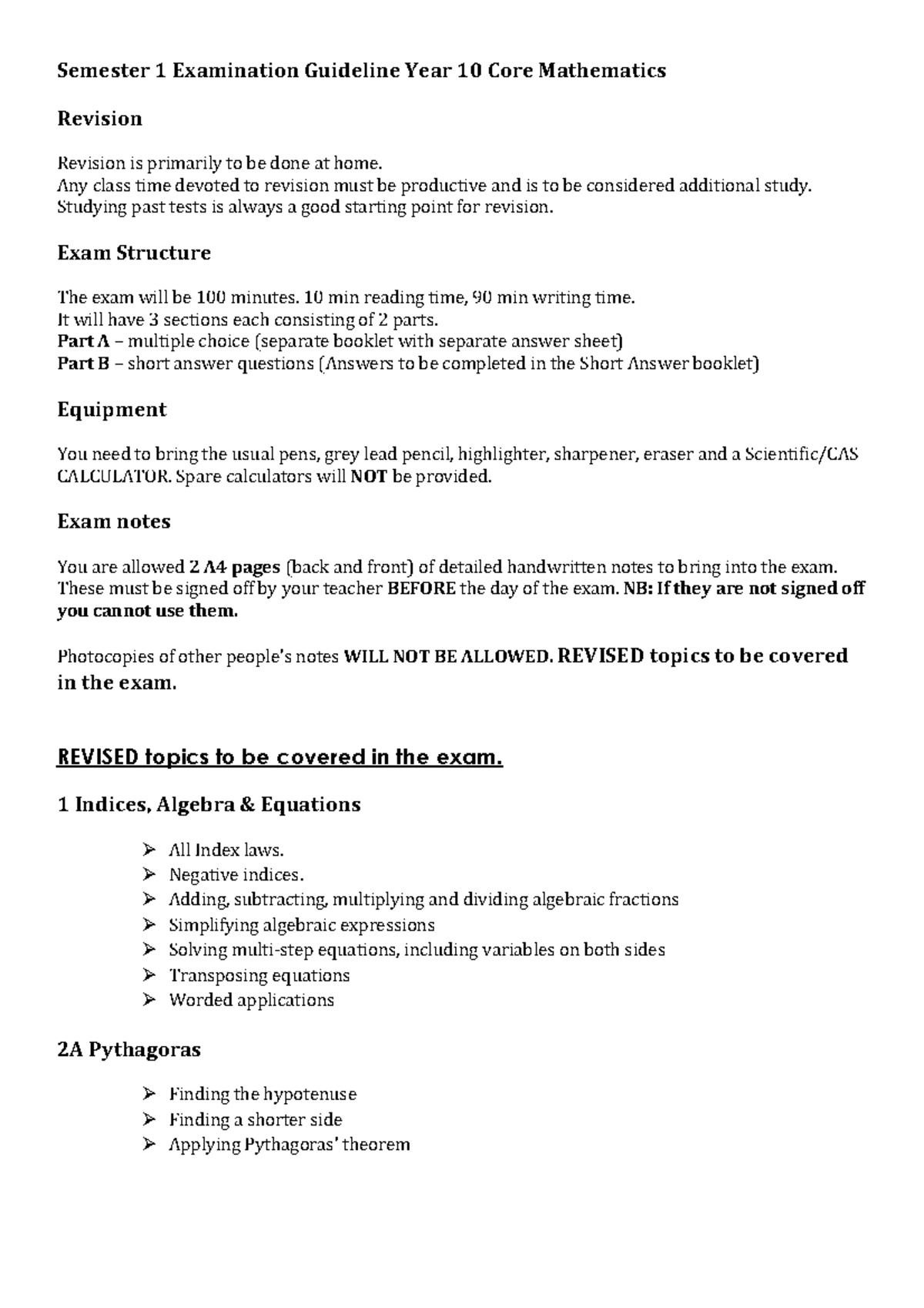 2024 Year 10 Math Sem 1 Exam guideline - Semester 1 Examination ...
