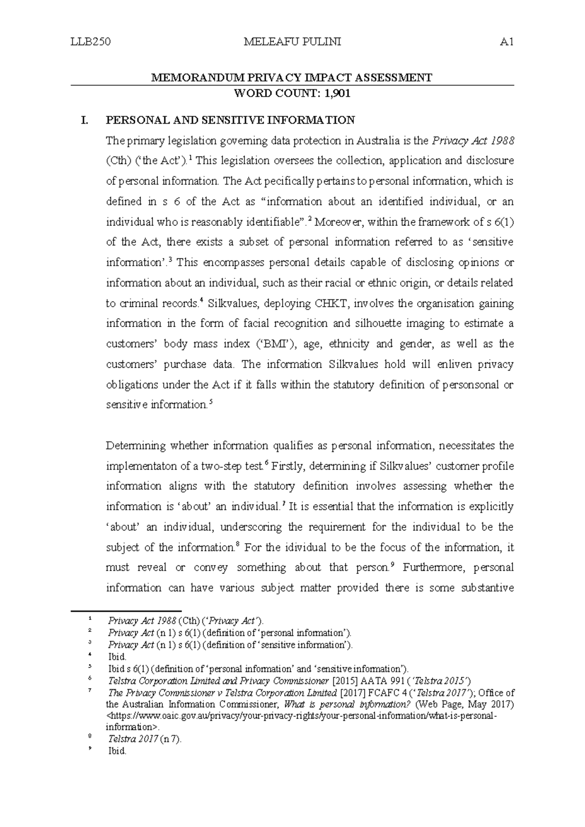 LLB250 Memo PIA Final Assessment - Privacy Impact Considerations - Studocu