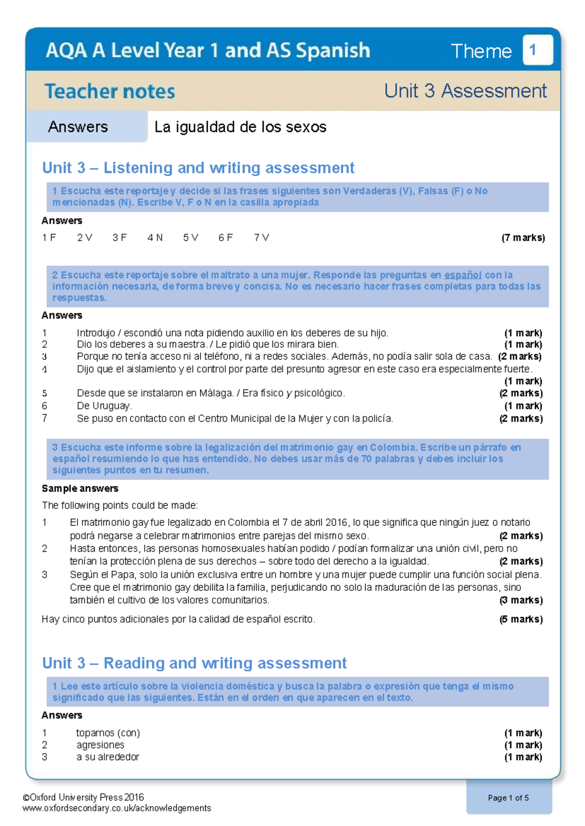 Unit 3 - La igualdad de los sexos Assessment Answers - Studocu