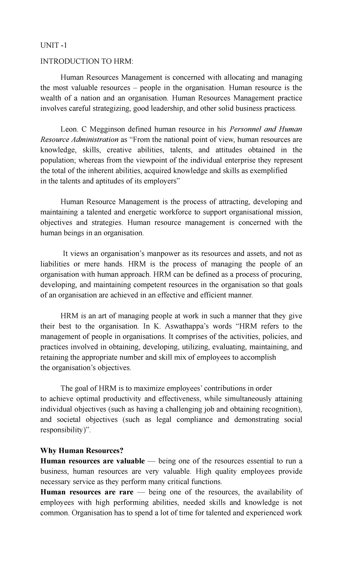 HRM BBA UNIT 1 - Intro to Human Resource Management Notes - Studocu