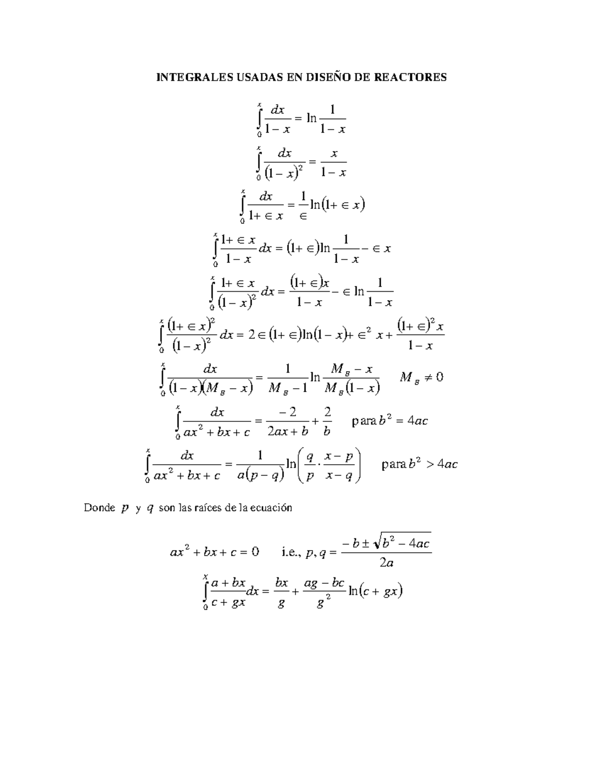 Integrales Usadas en Diseño de Reactores - Notas de Estudio - Studocu