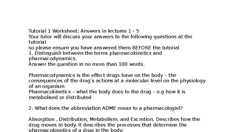 Tutorial 1 Worksheet: Pharmacokinetics & Pharmacodynamics Insights ...