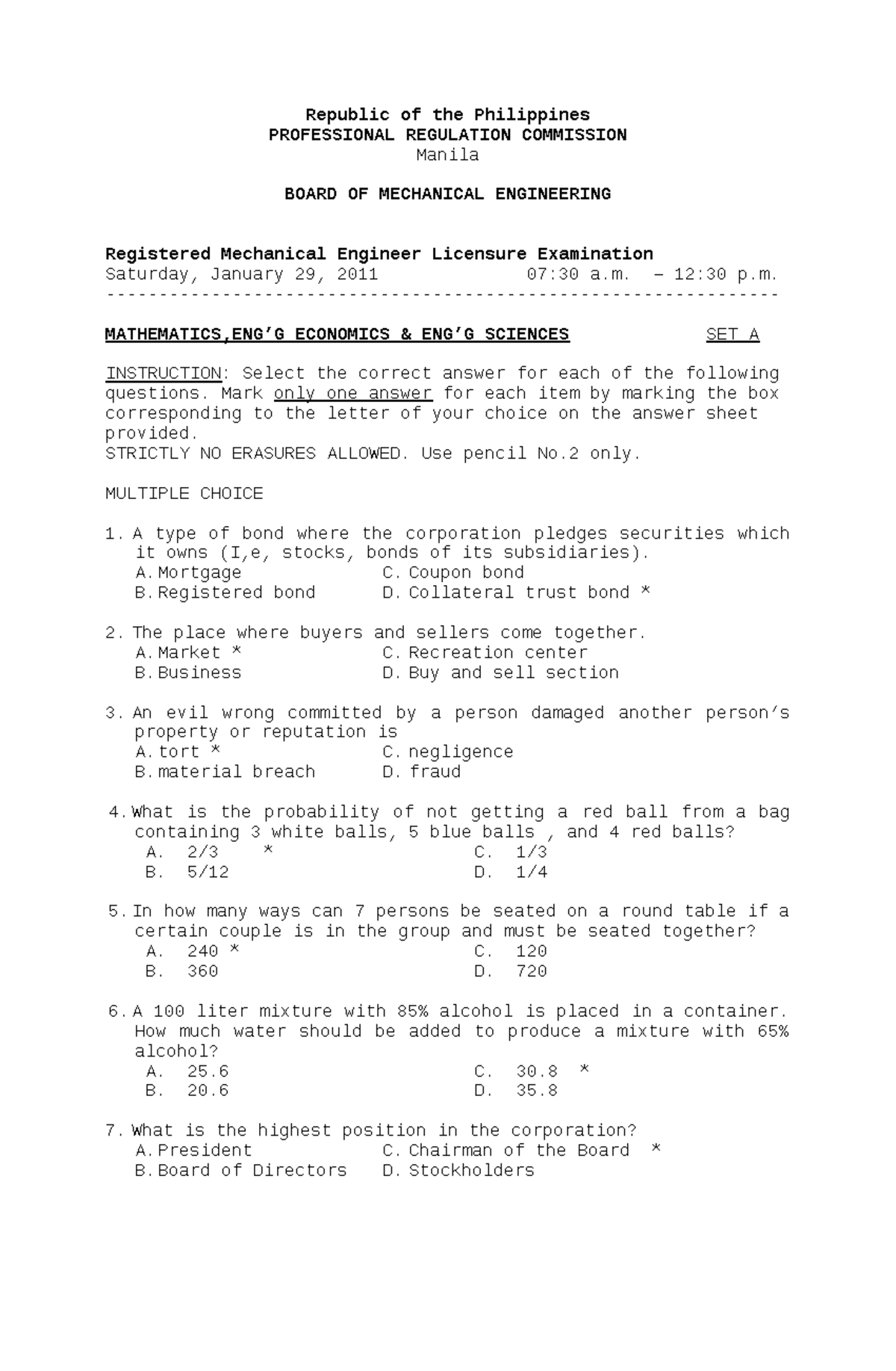 MESL ME Board Exam January 2011 - Republic of the Philippines ...