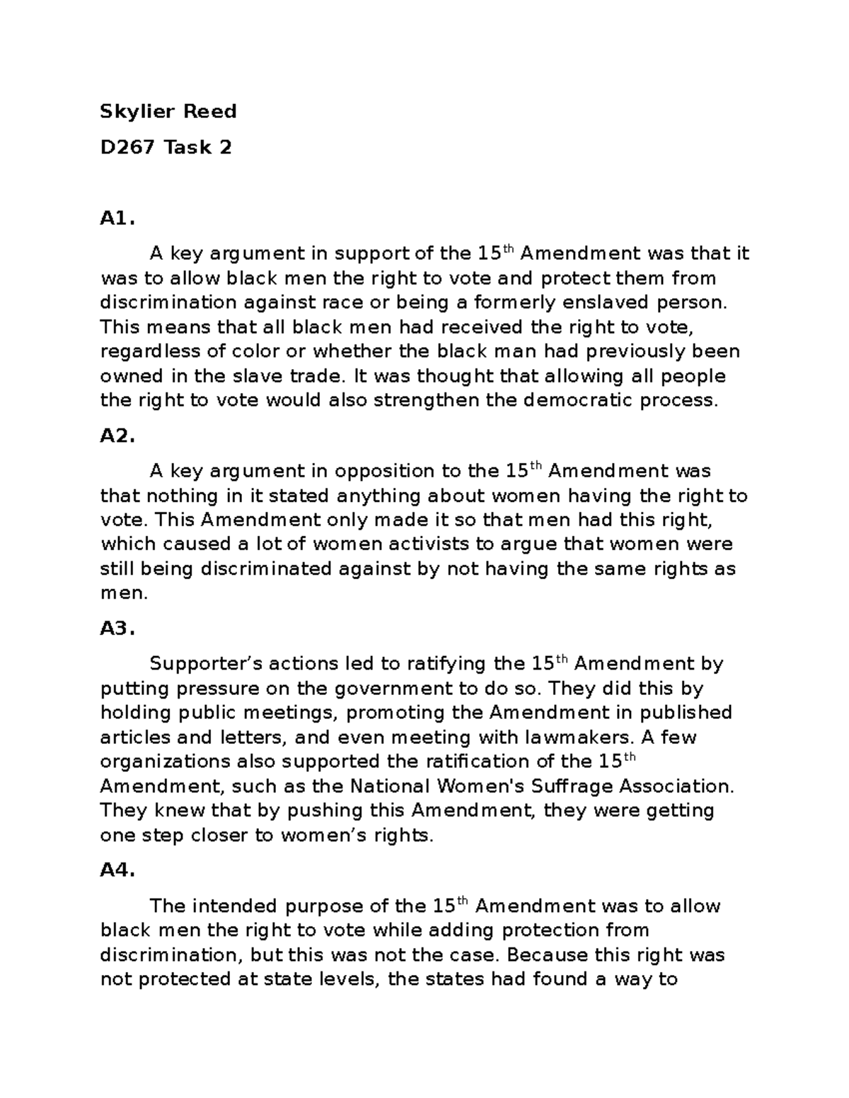 D267 Task 2 - Examining the 15th and 19th Amendments - Studocu