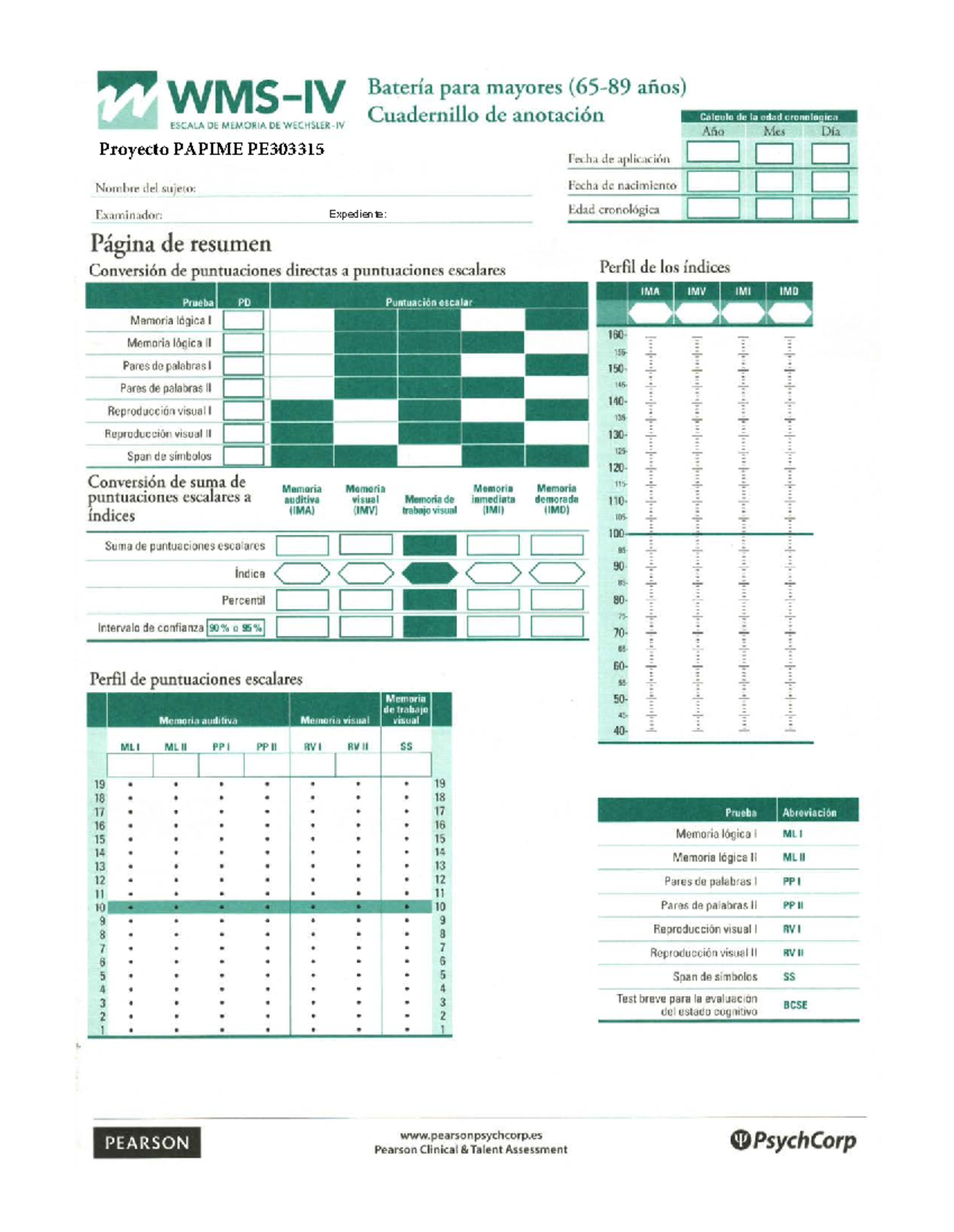 WMS-IV Protocolo Mx - Medición y Evaluación Psicológica - 1SPZFDUP 1"1 ...