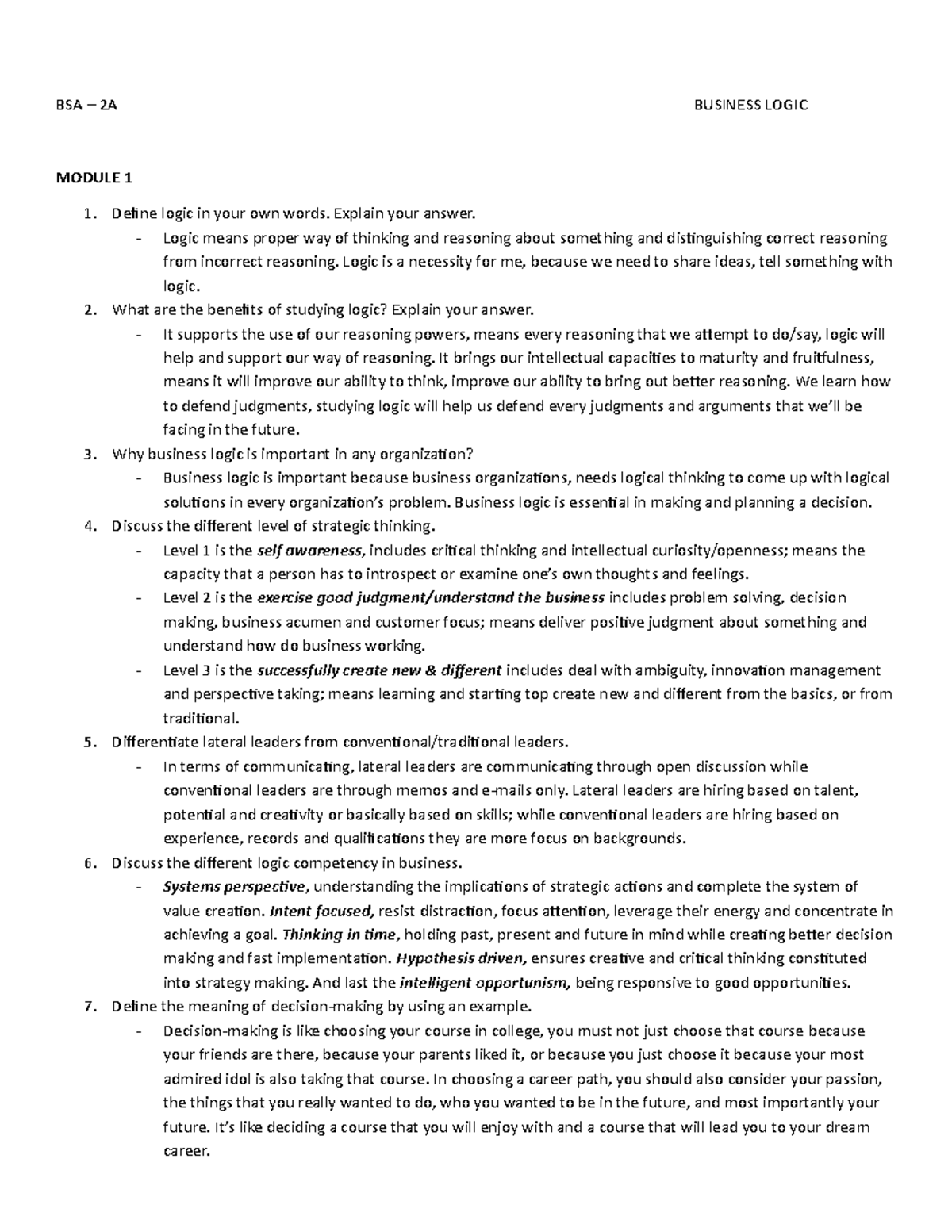 BSA 2A Business Logic Modules 1-3 Comprehensive Overview - Studocu