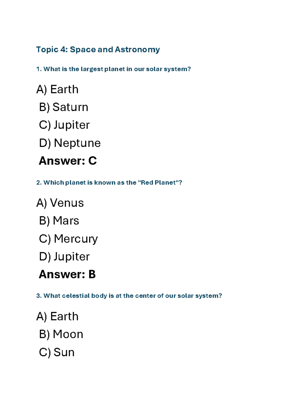 Topic 4: Space and Astronomy Quiz - Key Concepts and Answers - Studocu