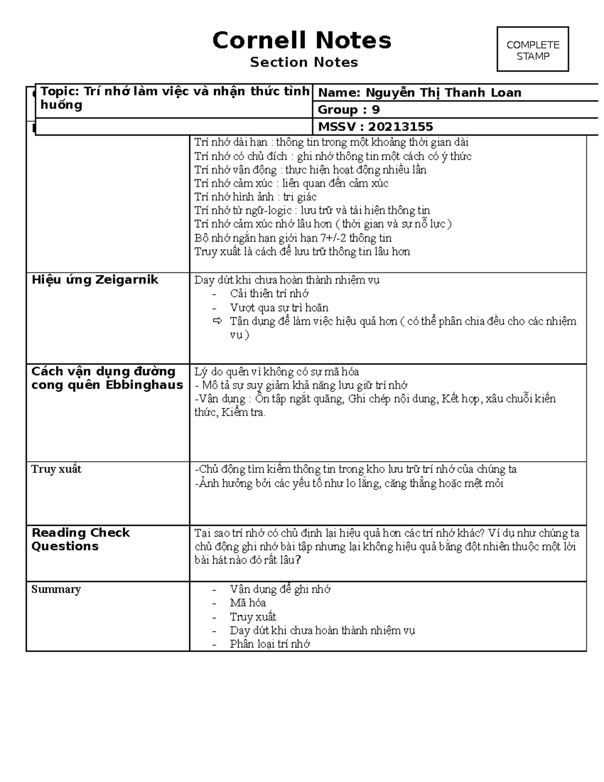 Cornell Notes on Memory Classification - Nguyễn Thị Thanh Loan ...