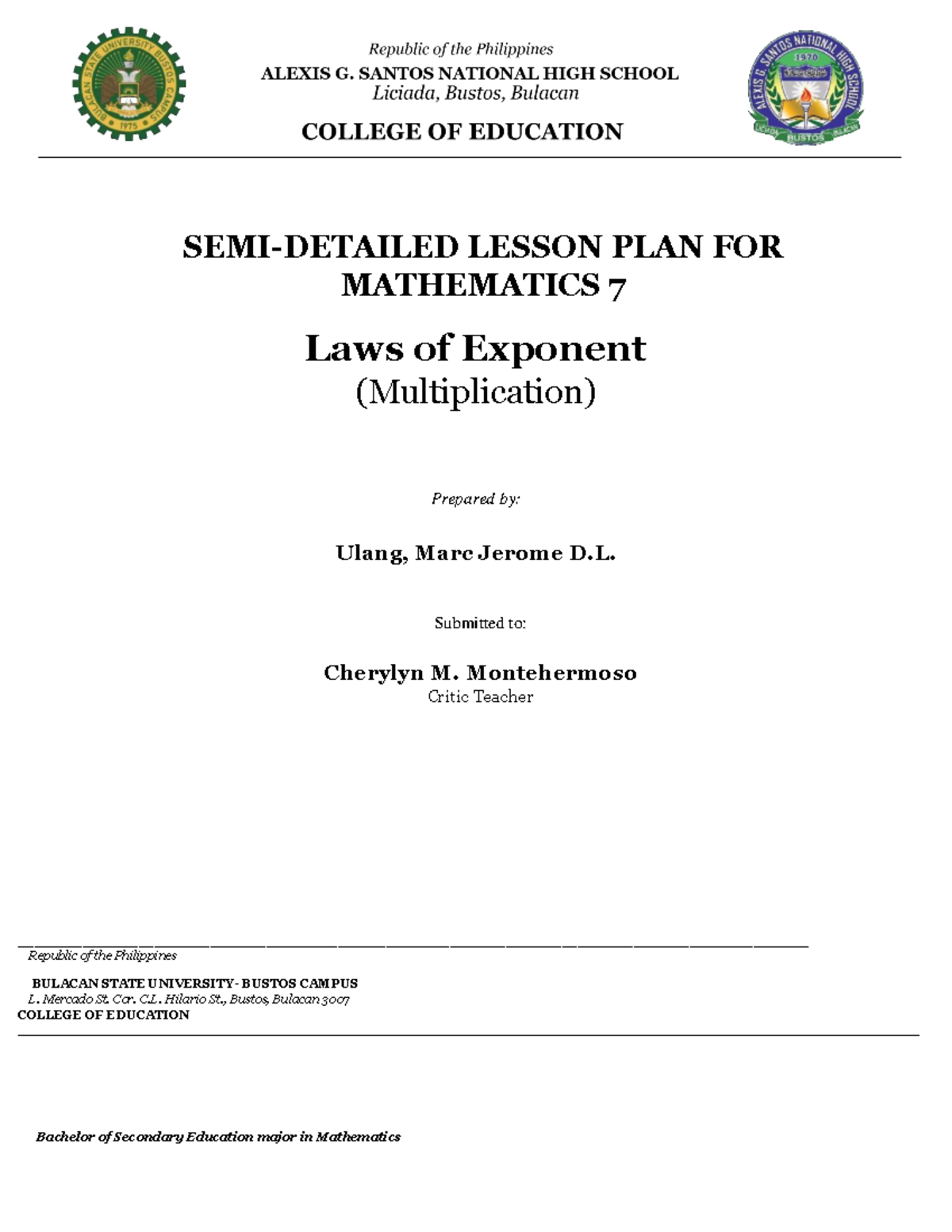 Semi-Detailed Lesson Plan: Laws of Exponent (Math 7) - Multiplication ...