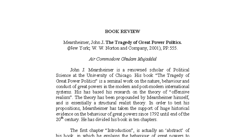 BOOK REVIEW: Mearsheimer's "The Tragedy of Great Power Politics" (24 ...