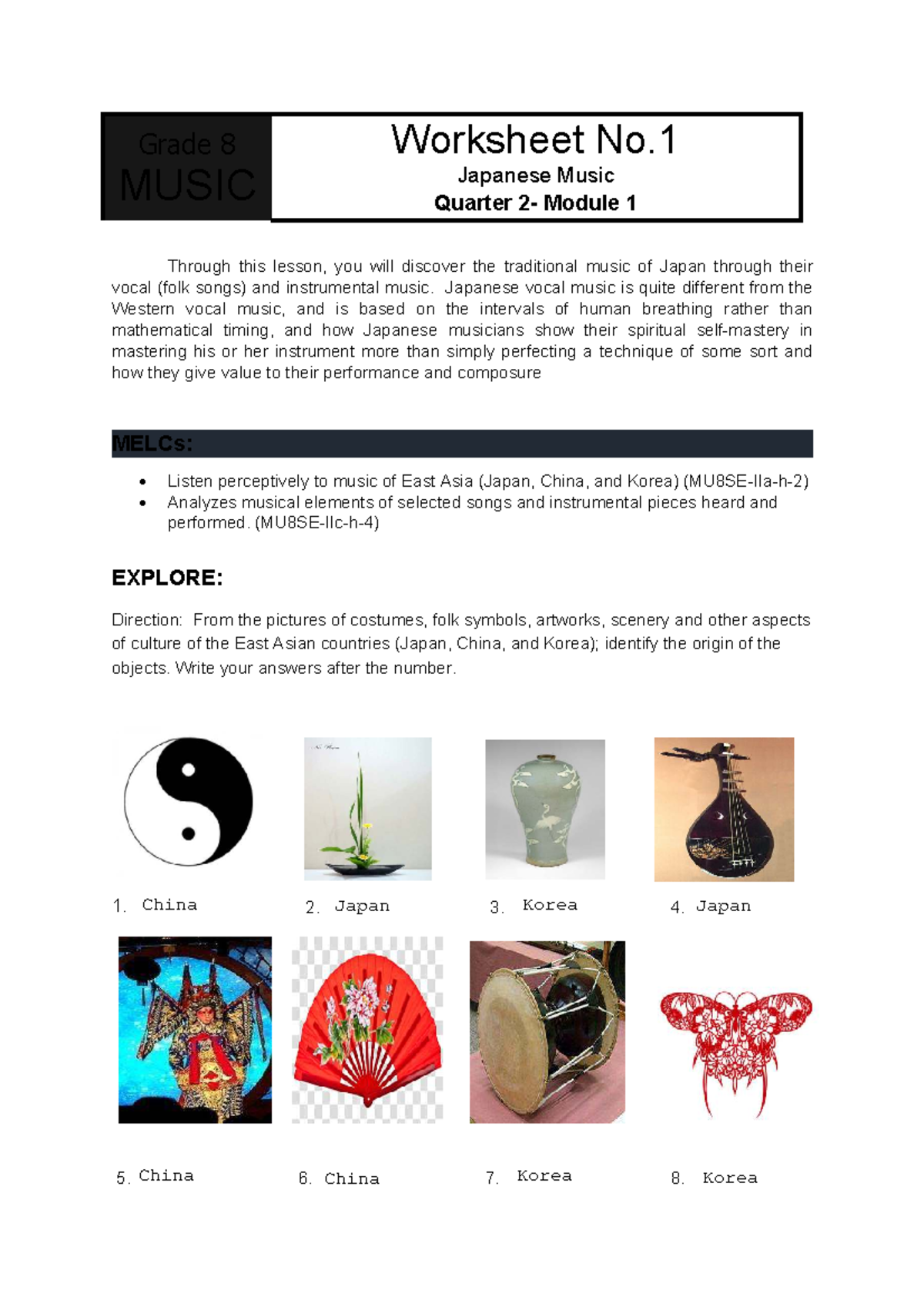 MAPEH 123: Worksheet No.1 on Japanese Music - Grade 8 Module 1 - Studocu