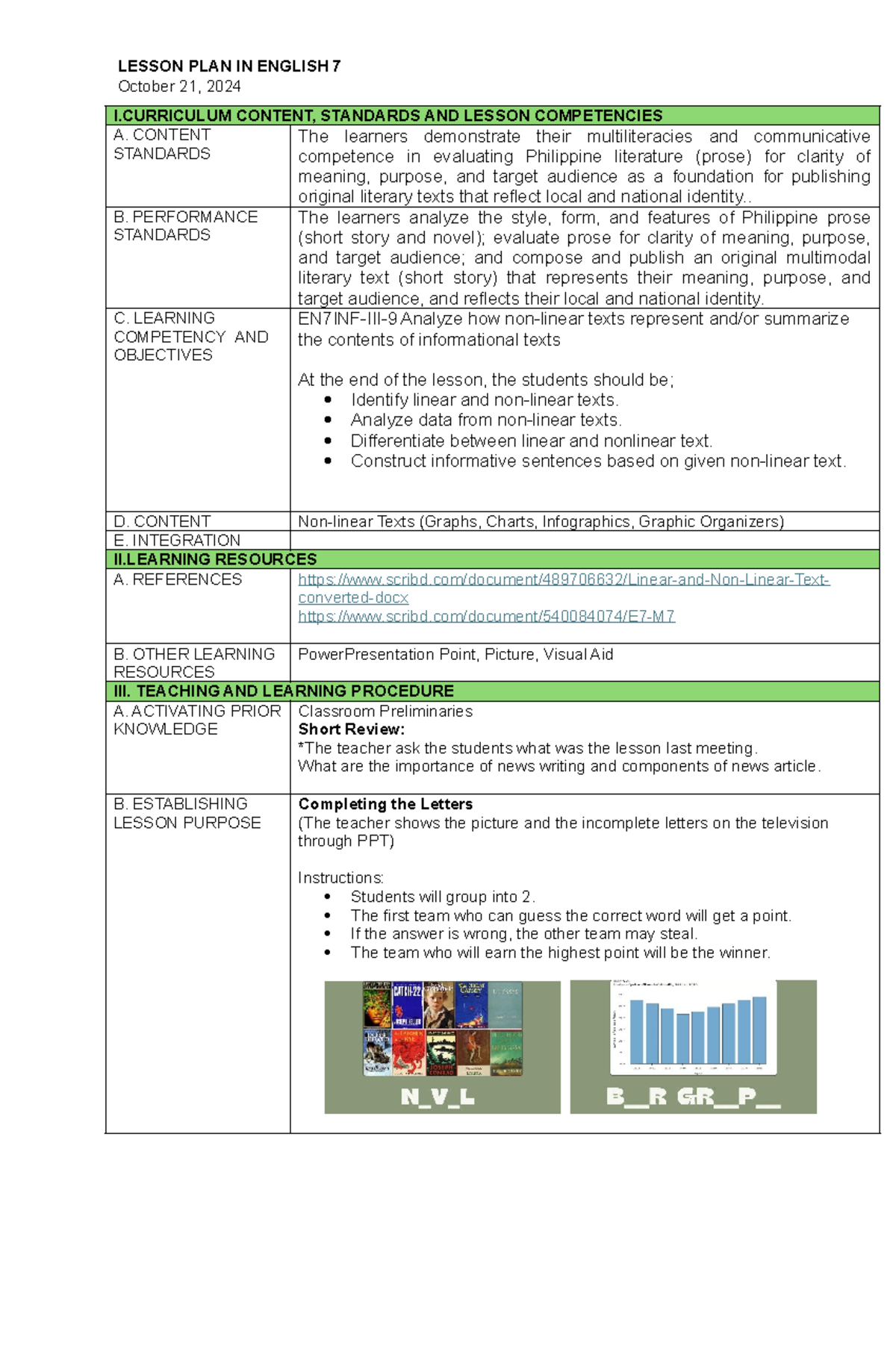 English 7 - Q4 Teaching Non-Linear Texts: Semi-Detailed Lesson Plan ...