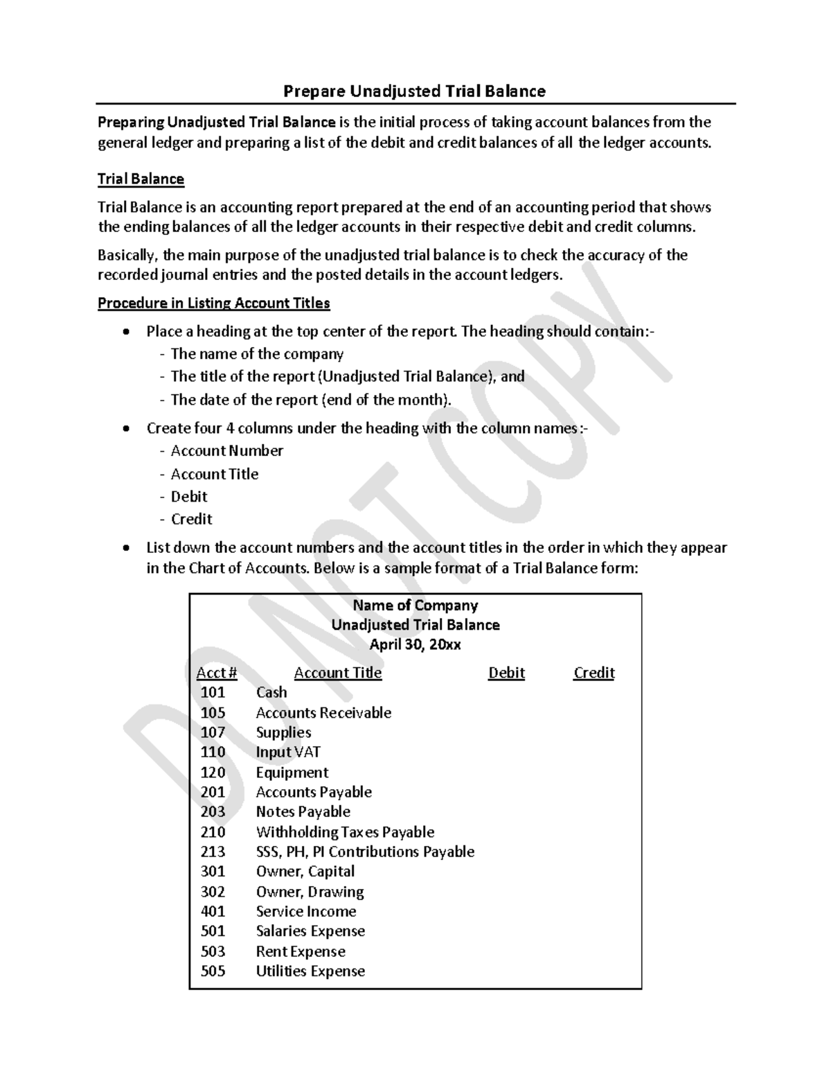 Unadjusted Trial Balance Preparation Guide - ACCT 101 - Studocu