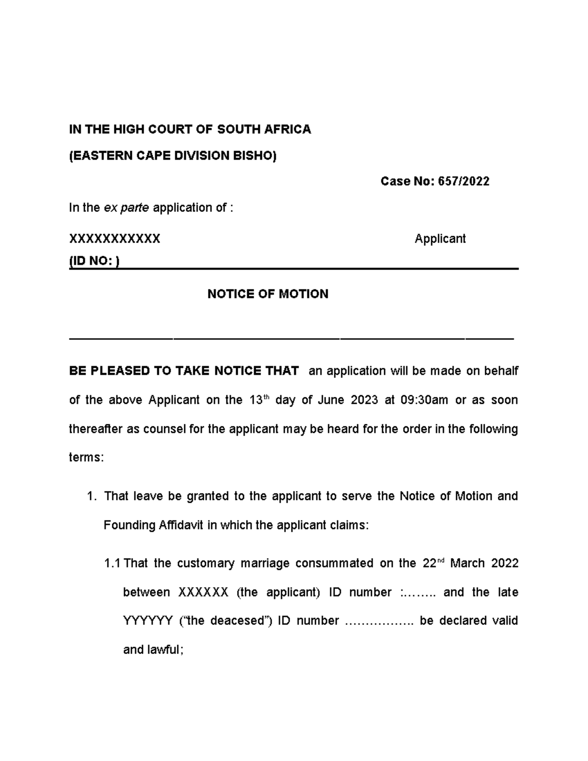 Substituted Service Application in High Court Case No: [Insert Case No ...