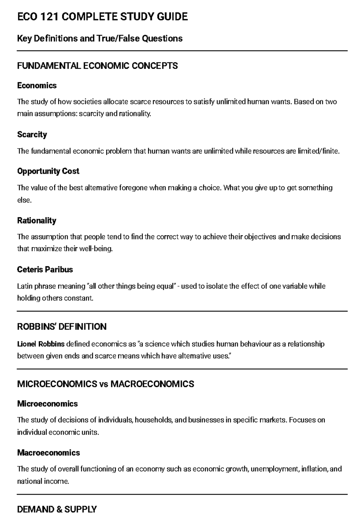 ECO 121 Final Exam Study Guide: Key Definitions & True/False Questions ...