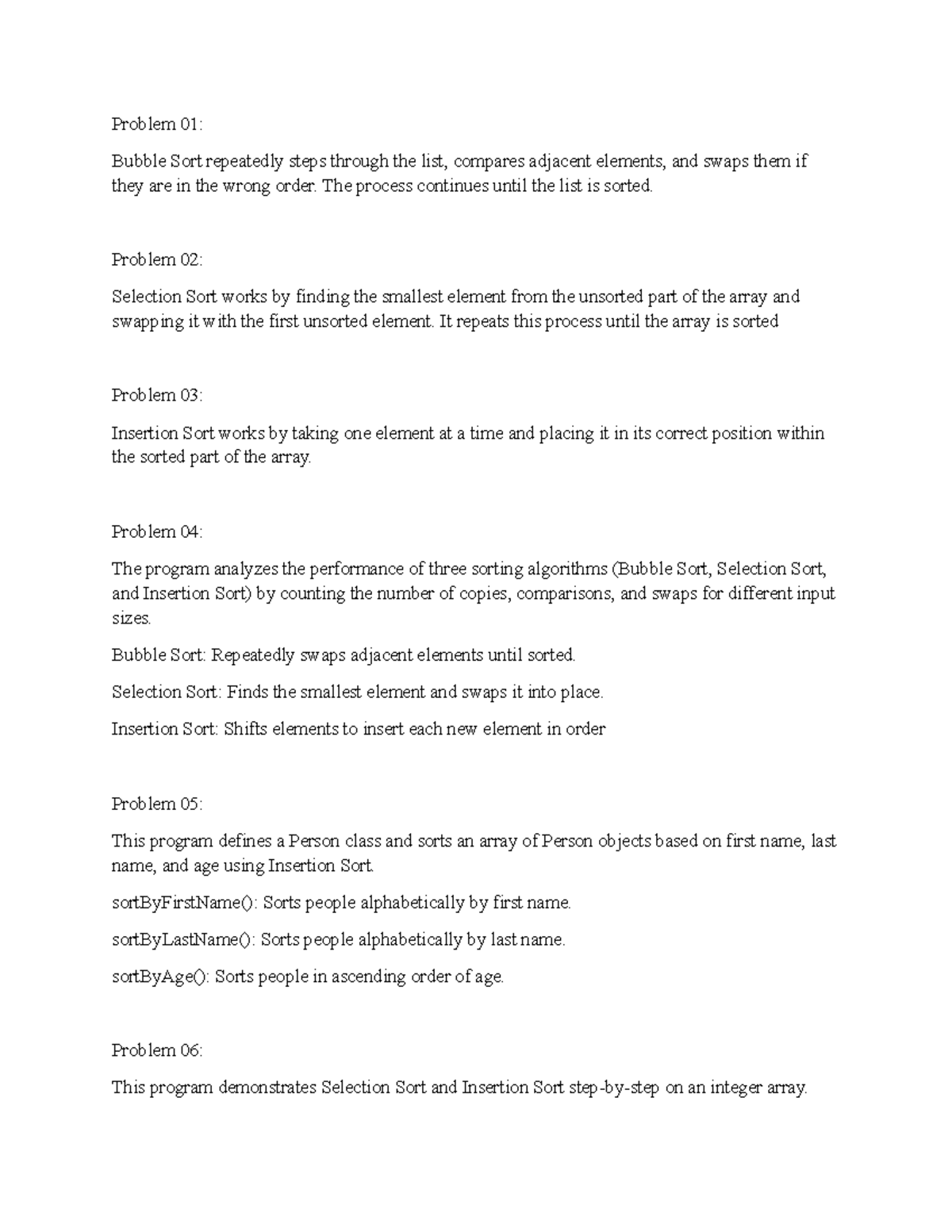 Lab 02 Ideas: Analyzing Sorting Algorithms (Bubble, Selection, Insertion) - Studocu