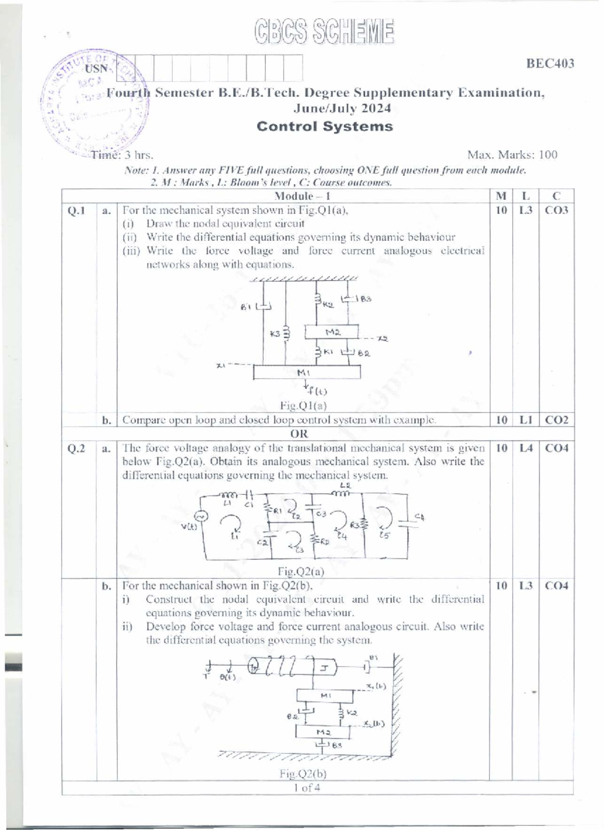 BEC403 Control Systems Supplementary Exam Questions - June/July 2024 ...