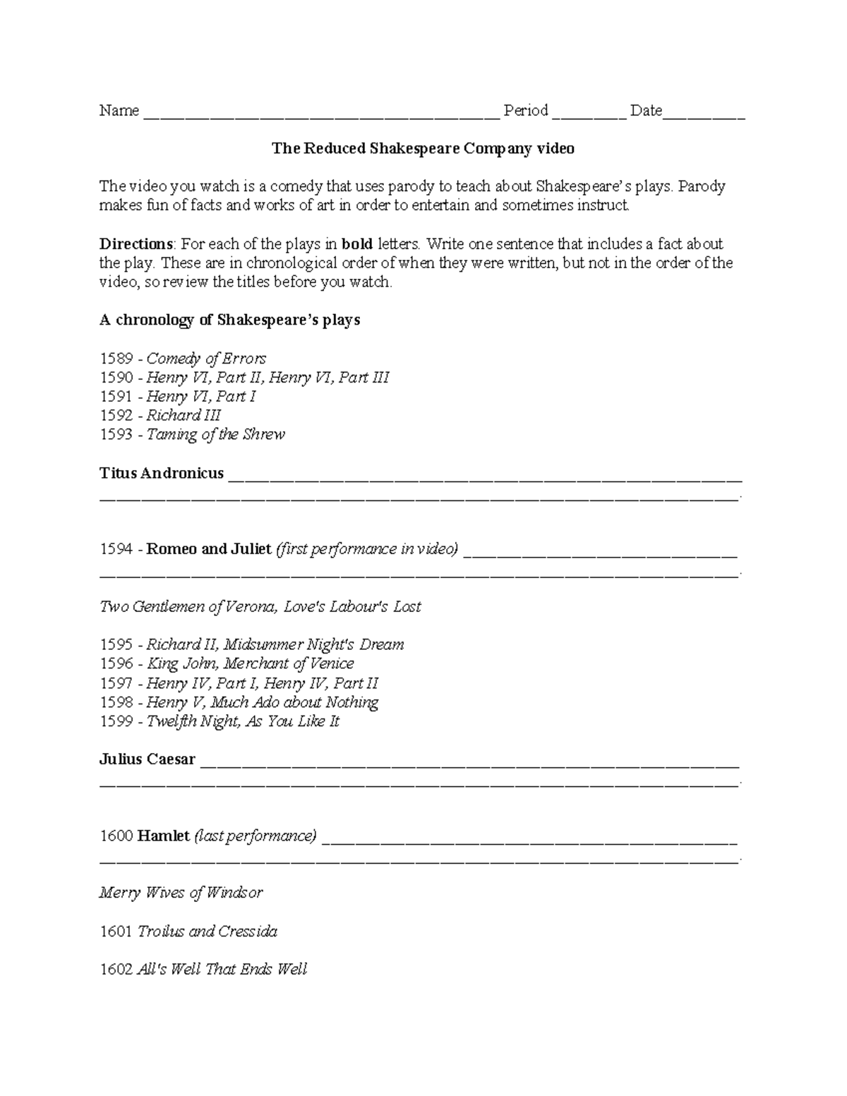 Reduced Shakespeare Company Video Study Guide - Studocu