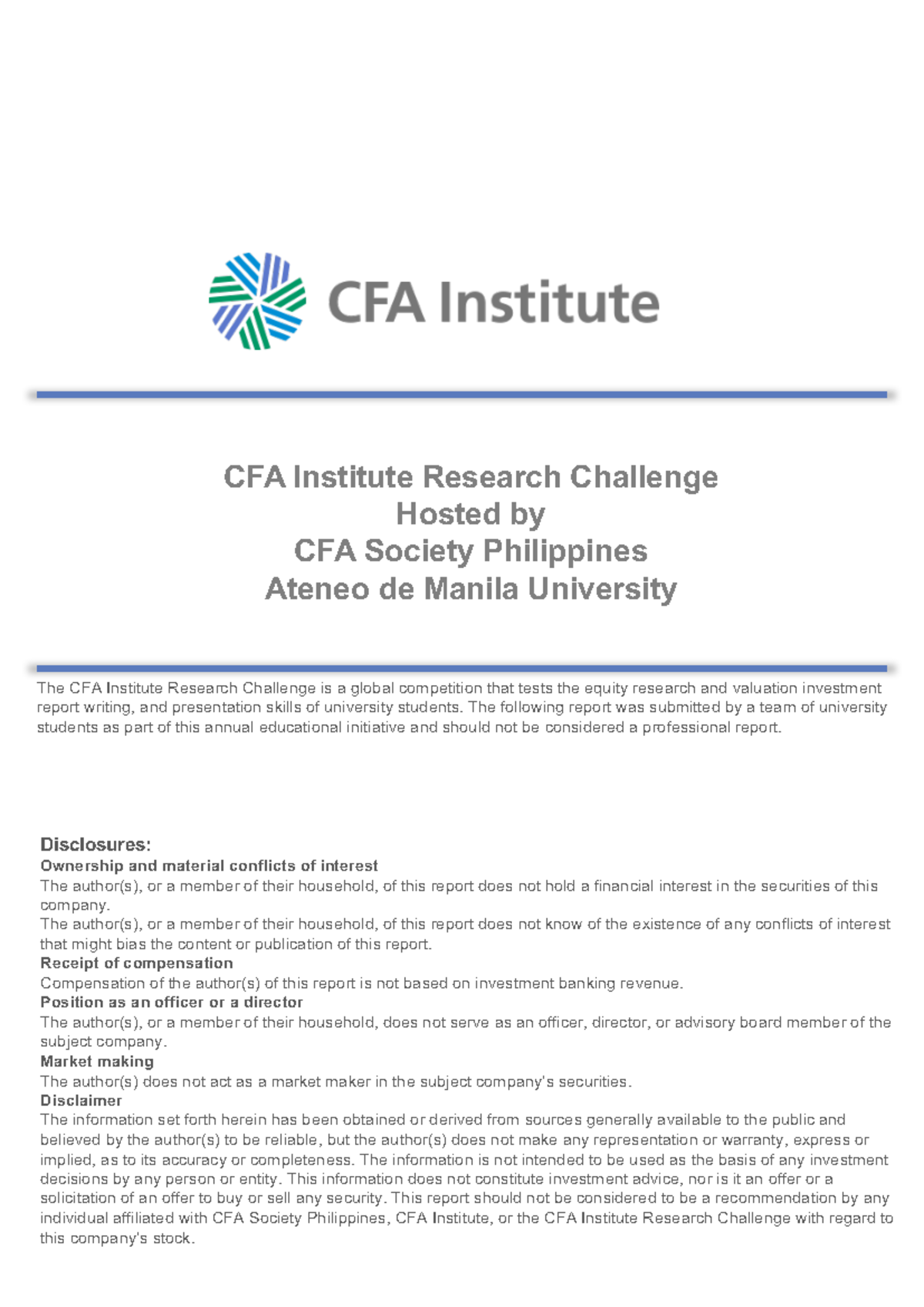 CFA 2019 - Report - CFA Institute Research Challenge Hosted by CFA Society Philippines Ateneo de ...