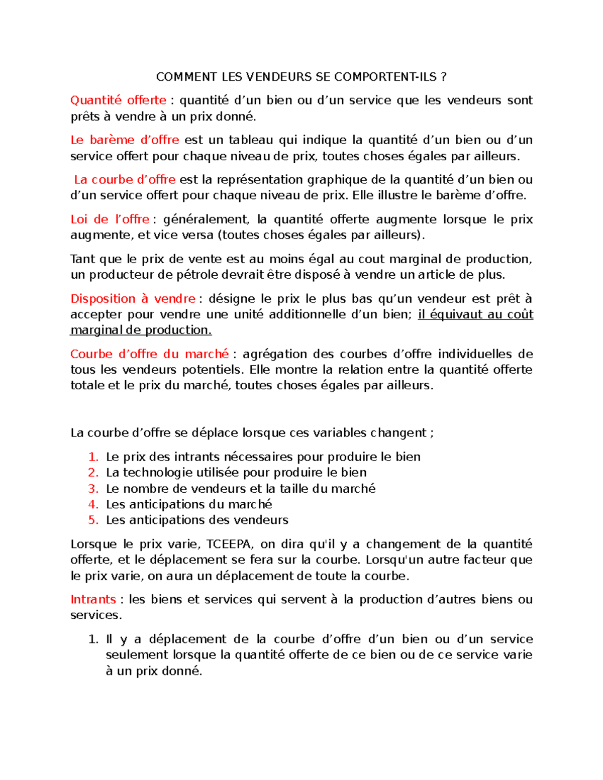 Cours 5 - Notes sur l'Offre et la Demande en Économie - Studocu
