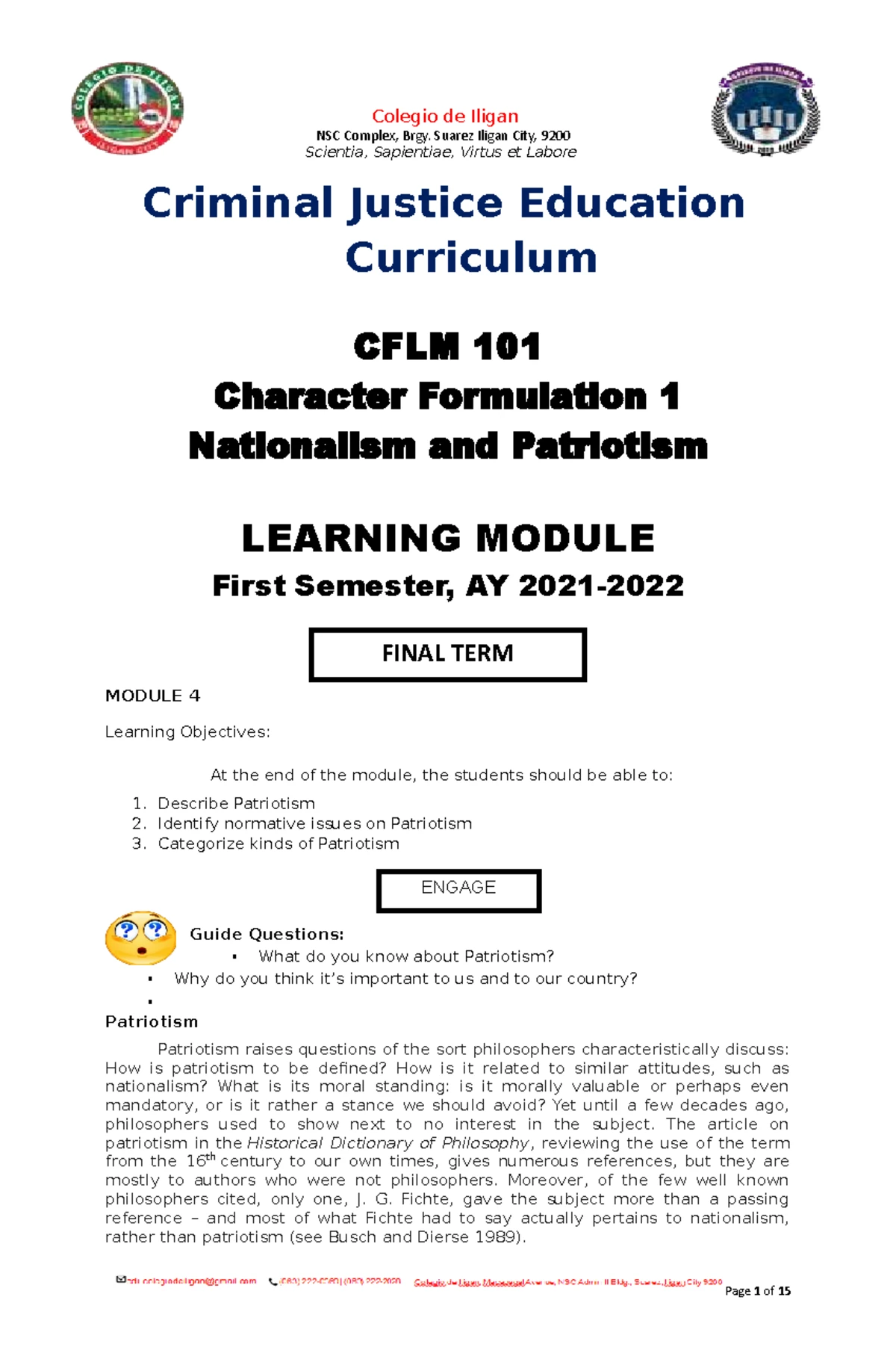 CFLM sUBJECT Final Module - Colegio de Iligan NSC Complex, Brgy. Suarez ...