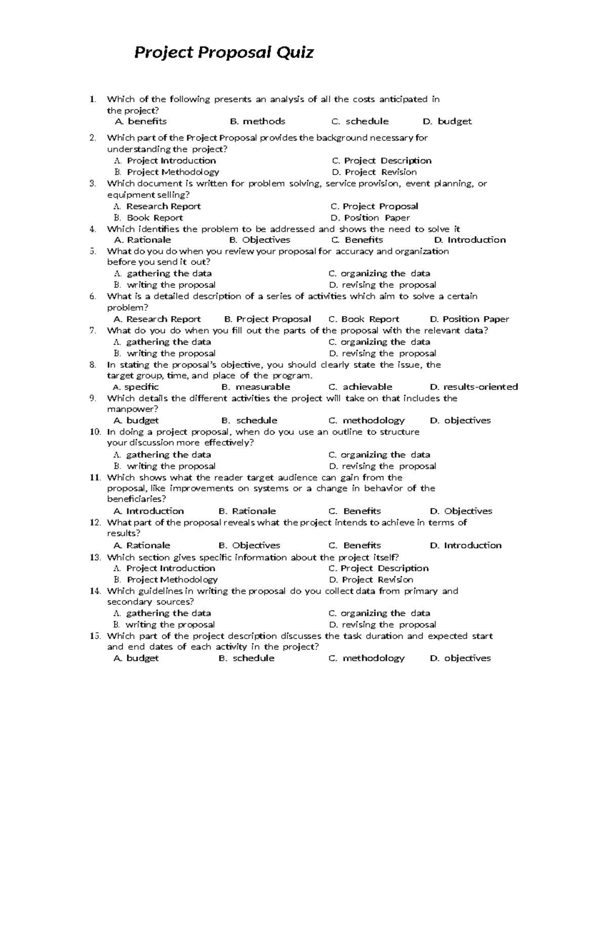 Project Proposal Quiz-1 Review Questions and Answers - Studocu
