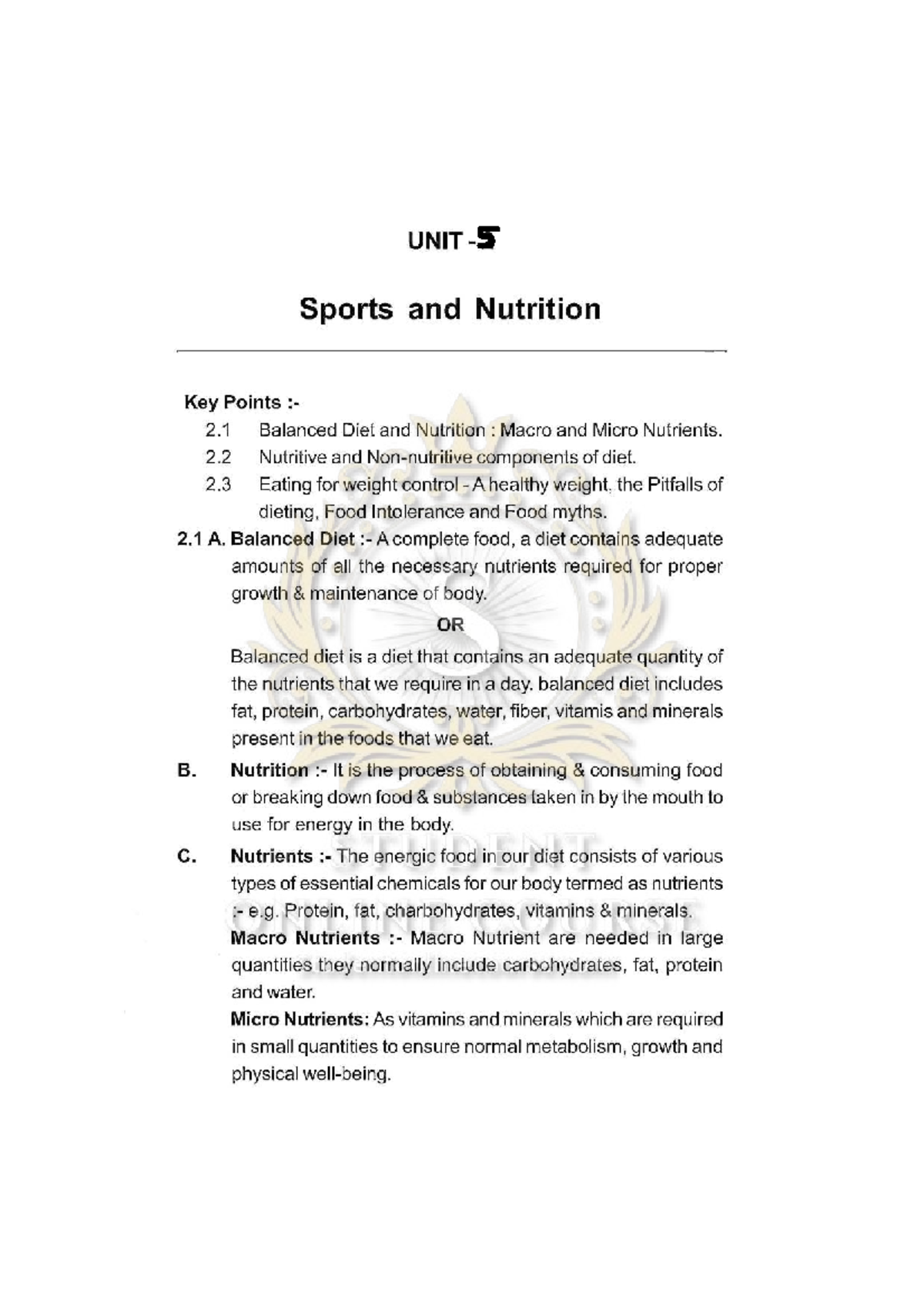 Sports and Nutrition: Key Points on Balanced Diet and Nutrients (Course Code: - Studocu