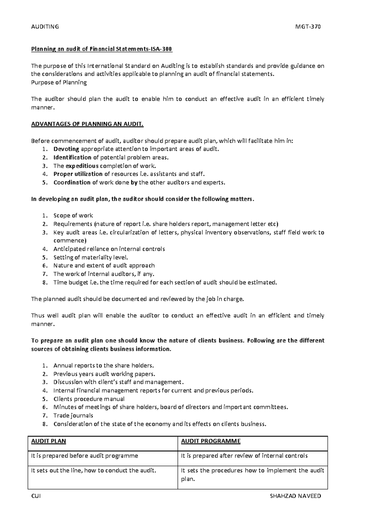 MGT-370 Lecture 5: Planning an Audit of Financial Statements - Studocu