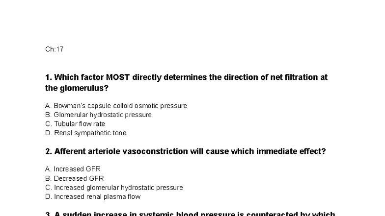 Ch:17 Glomerular Filtration and Renal Physiology Quiz - Studocu