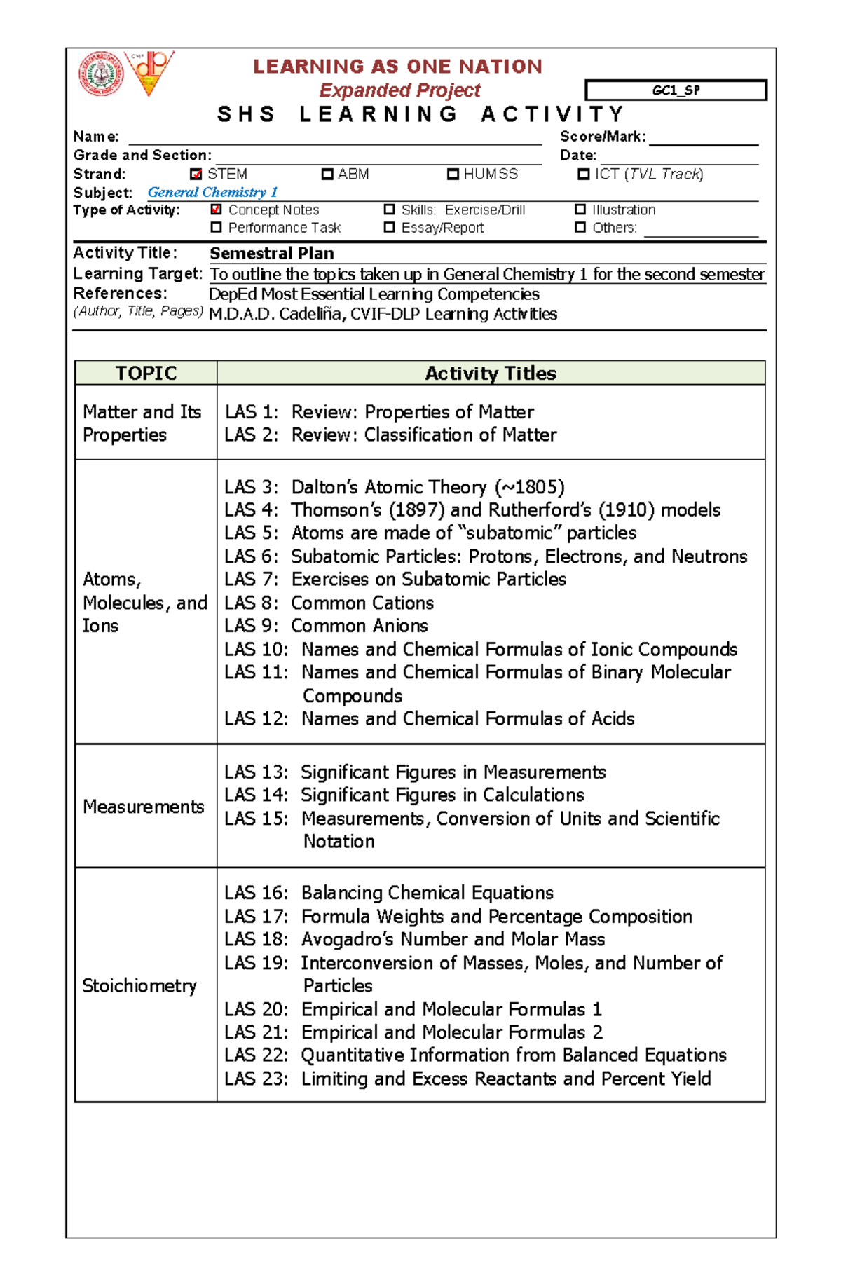 Gen Chem 1: Semestral Plan for General Chemistry 1 Activities - Studocu