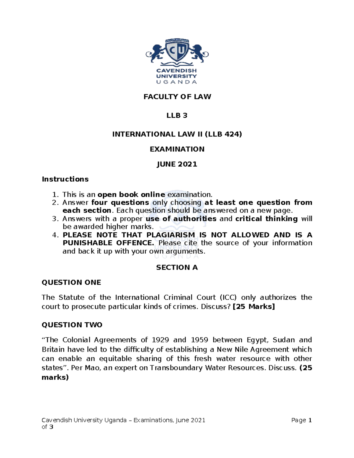 LLB 424 International Law II Examination Paper - June 2021 - Studocu