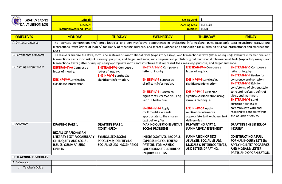 WEEK 3 LESSON LOG: ENGLISH 8 - INQUIRY LETTERS & SOCIAL ISSUES - Studocu