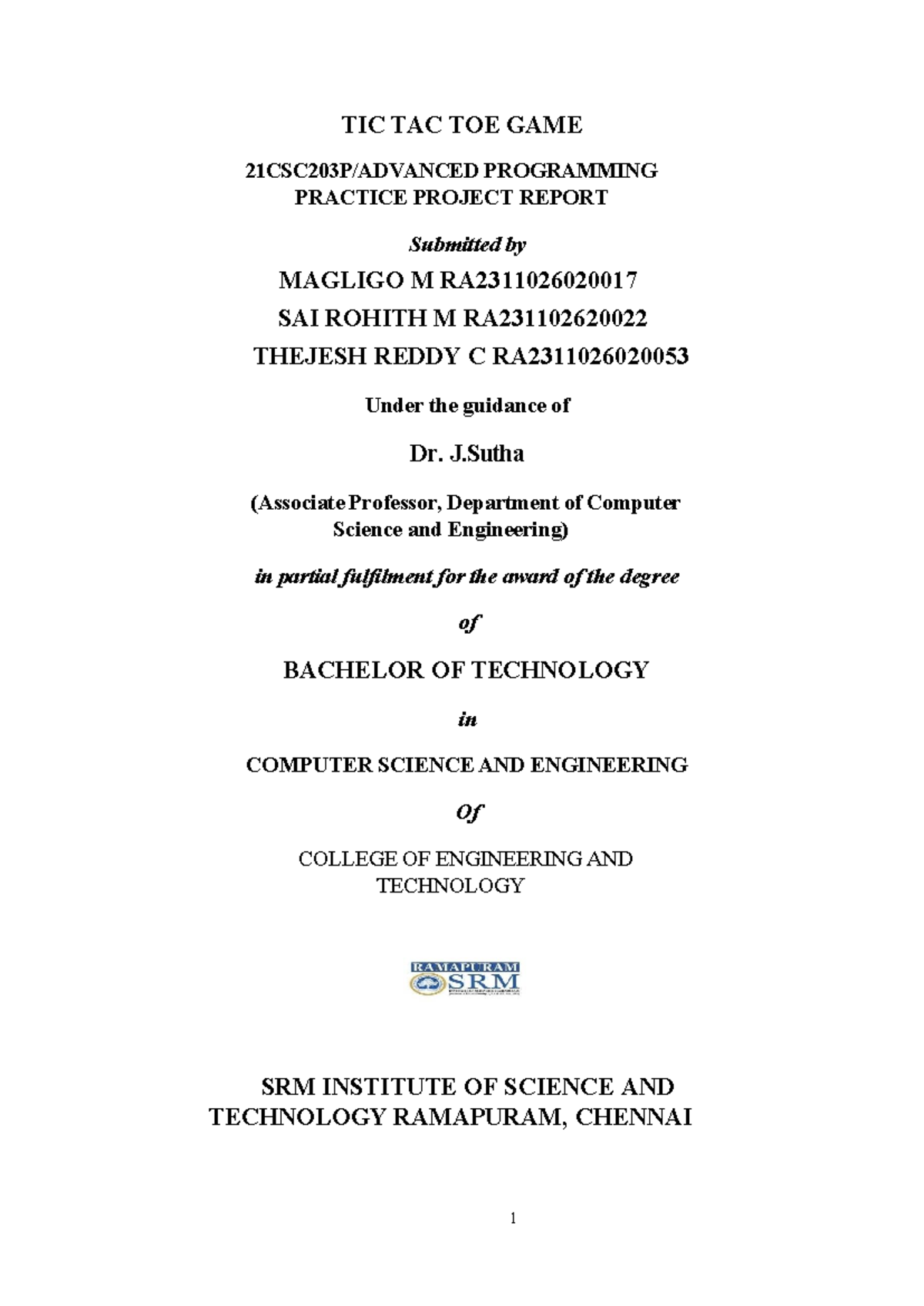 TIC TAC TOE GAME Project Report for 21CSC203P Final Submission - Studocu