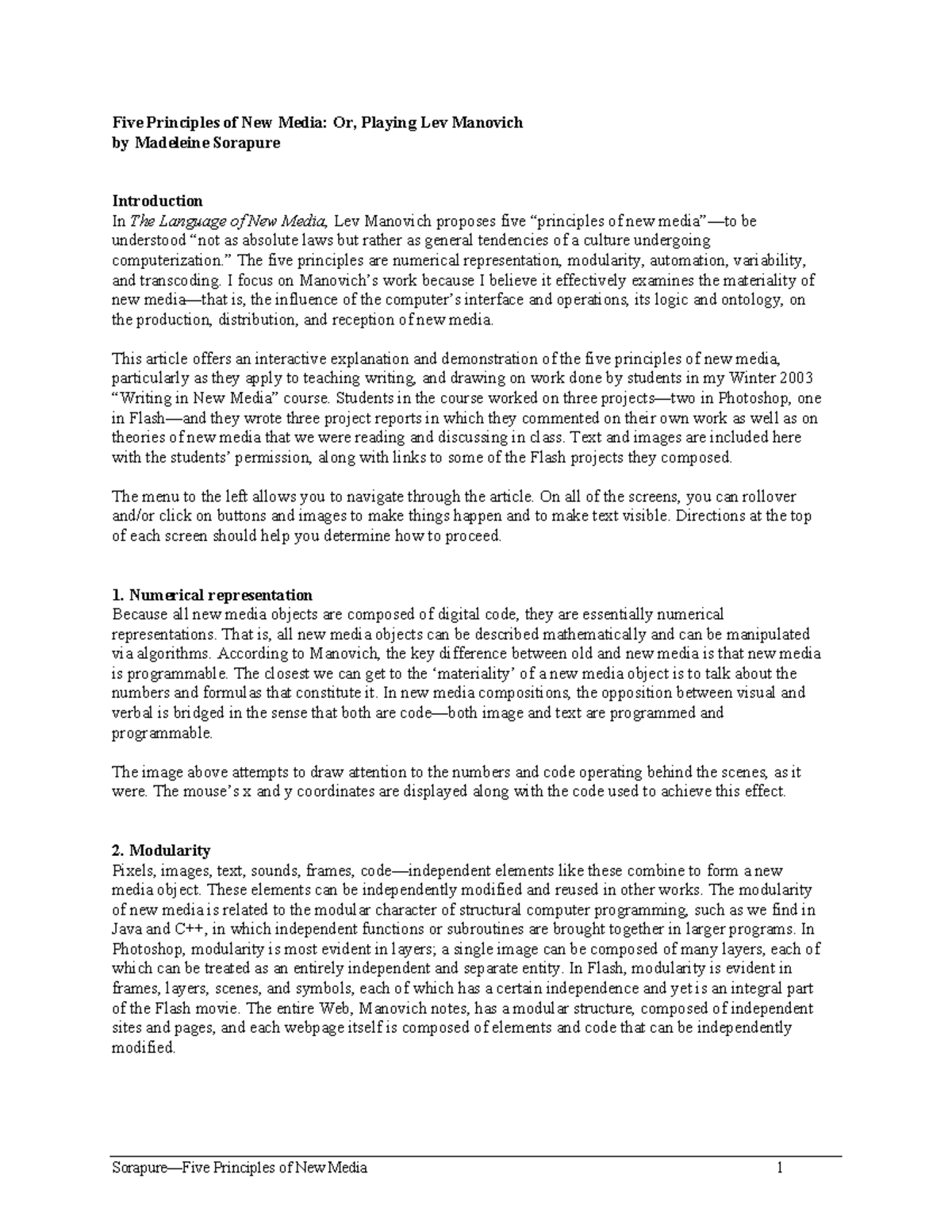 Exploring Lev Manovich’s Five Principles of New Media (ENG 303) - Studocu
