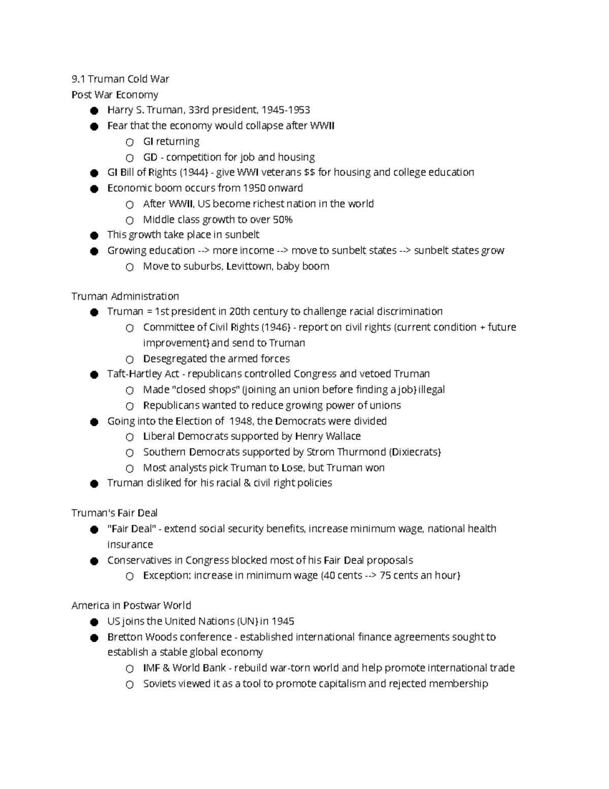 APUSH 9.1-9.2 Notes: Truman to Eisenhower's Cold War Policies - Studocu