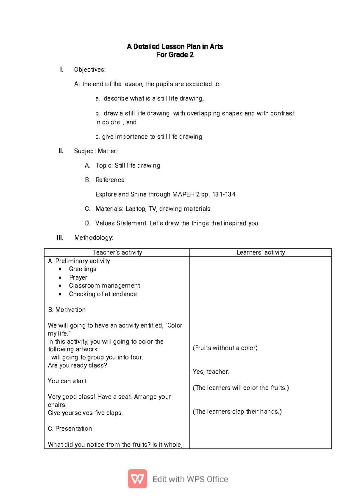 Grade 2 Arts Lesson Plan: Exploring Still Life Drawing Techniques - Studocu