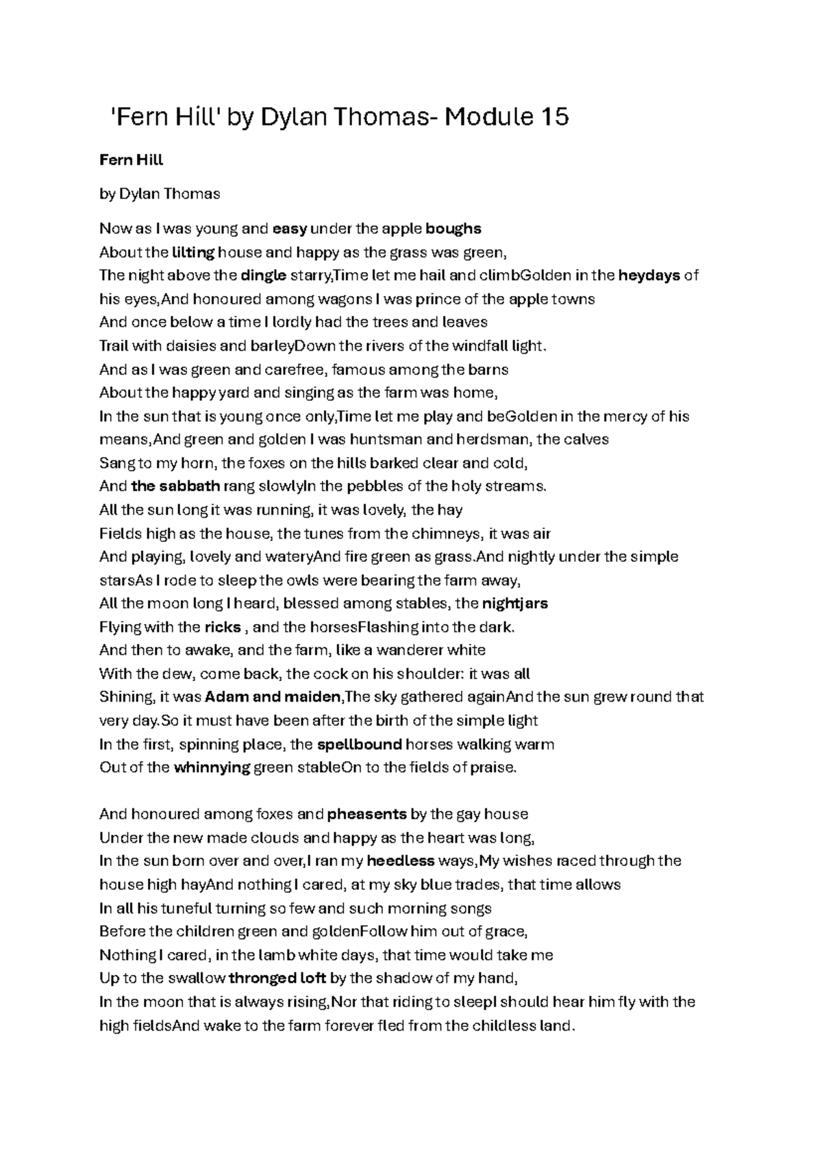 Literary Analysis of Dylan Thomas' "Fern Hill" (ENG M15) - Studocu