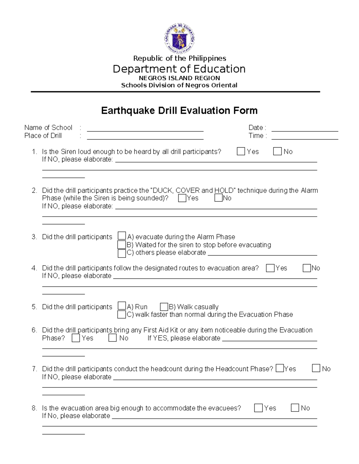 Earthquake Drill Evaluation Form - NSED - Negros Island Region - Studocu