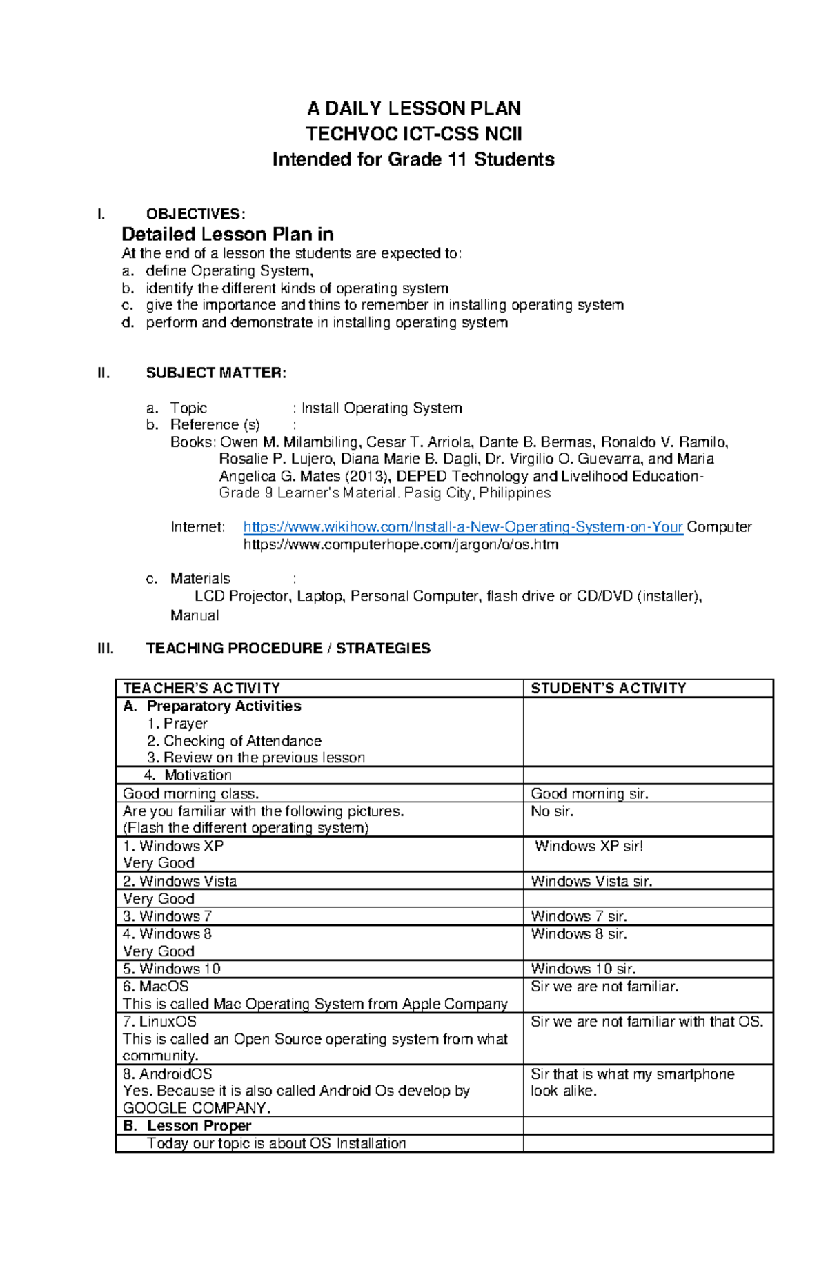Detailed lesson plan - A DAILY LESSON PLAN TECHVOC ICT-CSS NCII Intended for Grade 11 Students I ...