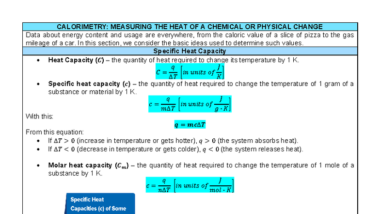 CALORIMETRY (CHEM 101): MEASURING HEAT IN CHEMICAL REACTIONS - Studocu