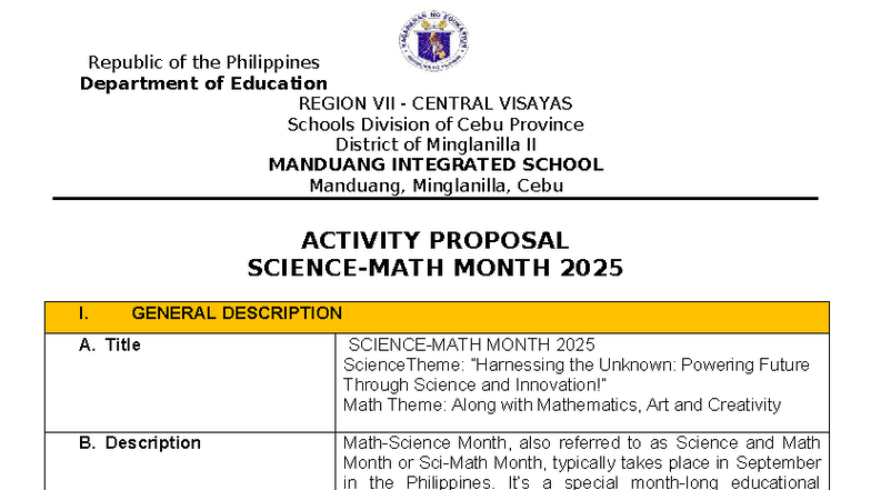 Math & Science Month Activities Proposal - September 2025 - Studocu