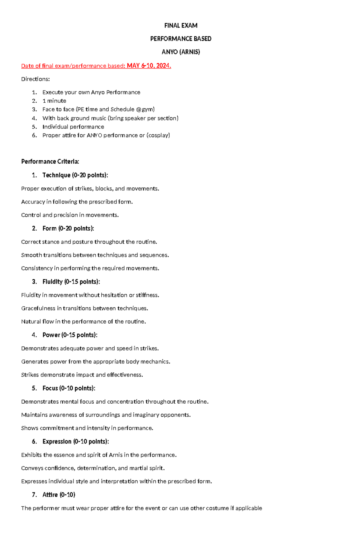 Pathfit 4 Final Exam Directions for Anyo Performance - Studocu